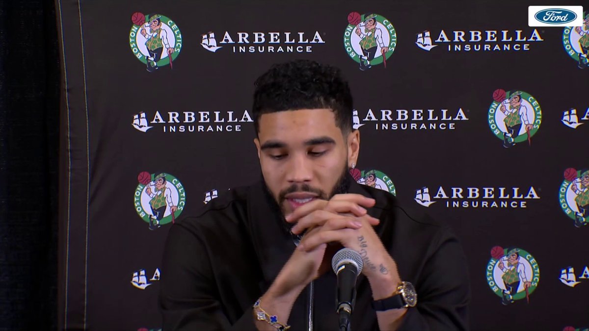 Tatum reacts to getting a technical foul for hanging on rim – NBC ...