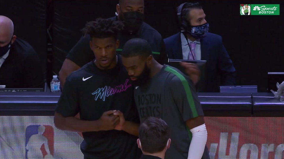 Jaylen Brown, Jimmy Butler, other players meet at half court pregame ...